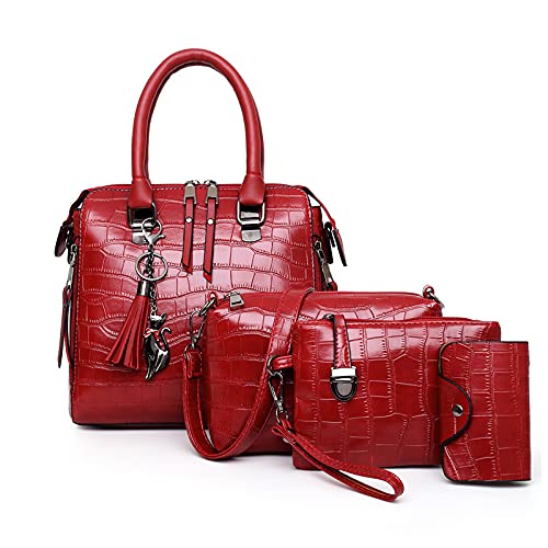 Women Fashion Handbags Wallet Tote Bag Shoulder Bag Top Handle Satchel Purse Set 4pcs (Red)