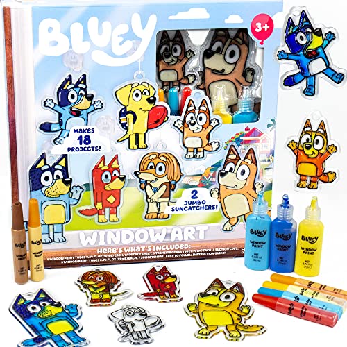 Bluey Window Art Suncatchers Kit for Kids to Paint, Great at-Home Kids Craft Activity or Bluey Birthday Party Idea, Toys for Kids Ages 3, 4, 5, 6