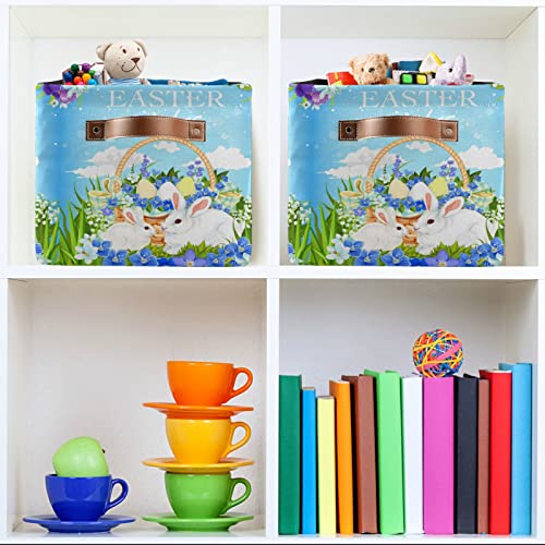 Foldable Storage Basket, Cube Organizer Bins Easter Egg Basket with Bunnies and Spring Flower Cube Bag Dual Handles for Closet Shelf