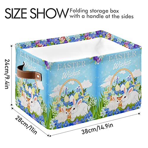 Foldable Storage Basket, Cube Organizer Bins Easter Egg Basket with Bunnies and Spring Flower Cube Bag Dual Handles for Closet Shelf