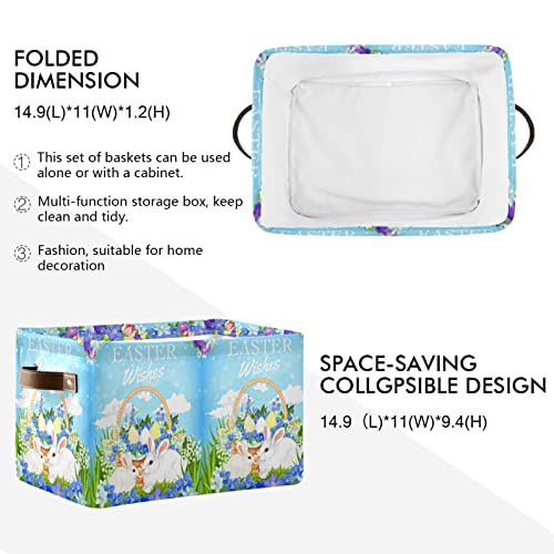 Foldable Storage Basket, Cube Organizer Bins Easter Egg Basket with Bunnies and Spring Flower Cube Bag Dual Handles for Closet Shelf