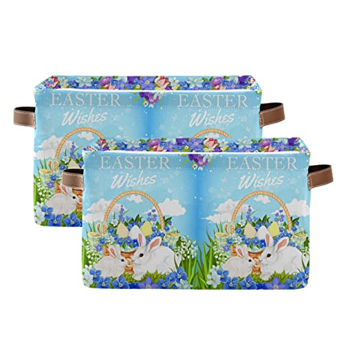 Foldable Storage Basket, Cube Organizer Bins Easter Egg Basket with Bunnies and Spring Flower Cube Bag Dual Handles for Closet Shelf