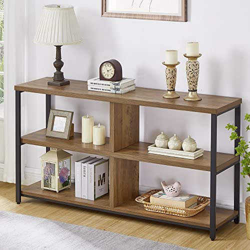 FOLUBAN Console Tables for Entryway, Rustic Wood and Metal Sofa Table, Hallway Tables with Storage Shelves for Living Room, Oak 55 inch