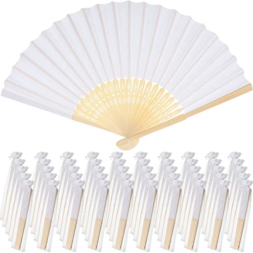 Yookeer 100 Pieces White Paper Hand Fan Bamboo Hand Folding Fans with Organza Hand Fan Bags White DIY Paper Folded Handheld Fans for Church Wedding Gifts Party Favors Dancing Home Decoration