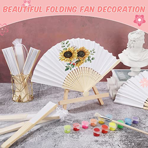 Yookeer 100 Pieces White Paper Hand Fan Bamboo Hand Folding Fans with Organza Hand Fan Bags White DIY Paper Folded Handheld Fans for Church Wedding Gifts Party Favors Dancing Home Decoration