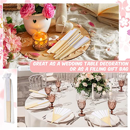 Yookeer 100 Pieces White Paper Hand Fan Bamboo Hand Folding Fans with Organza Hand Fan Bags White DIY Paper Folded Handheld Fans for Church Wedding Gifts Party Favors Dancing Home Decoration