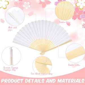 Yookeer 100 Pieces White Paper Hand Fan Bamboo Hand Folding Fans with Organza Hand Fan Bags White DIY Paper Folded Handheld Fans for Church Wedding Gifts Party Favors Dancing Home Decoration