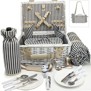 20Pcs Willow Picnic Basket for 2 with Waterproof Blanket/Insulated Cooler/Wine Bag/Cutlery for Camping,Couples,Valentine Day, Wedding Gift