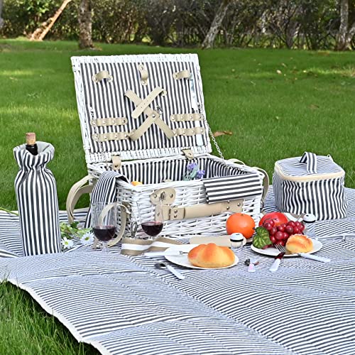 20Pcs Willow Picnic Basket for 2 with Waterproof Blanket/Insulated Cooler/Wine Bag/Cutlery for Camping,Couples,Valentine Day, Wedding Gift