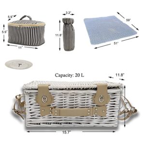 20Pcs Willow Picnic Basket for 2 with Waterproof Blanket/Insulated Cooler/Wine Bag/Cutlery for Camping,Couples,Valentine Day, Wedding Gift