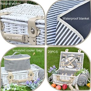 20Pcs Willow Picnic Basket for 2 with Waterproof Blanket/Insulated Cooler/Wine Bag/Cutlery for Camping,Couples,Valentine Day, Wedding Gift