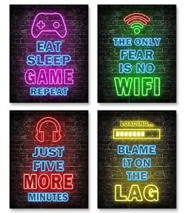 printed neon gaming posters set of 4 (8”x 10”), boys room decorations for bedroom, gamer wall art,gamer, teen boy bedroom, game room, no frames