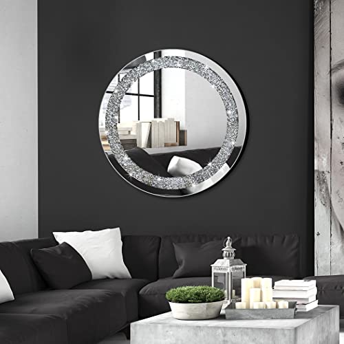 Crystal Crush Diamond Sparkly Round Silver Mirror for Wall Decoration 20x20x1 inch Wall Hang Frameless Bling Stylish Gorgeous Glam Mirror Vanity Home Decor.