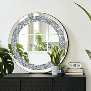 Crystal Crush Diamond Sparkly Round Silver Mirror for Wall Decoration 20x20x1 inch Wall Hang Frameless Bling Stylish Gorgeous Glam Mirror Vanity Home Decor.