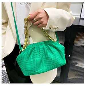 Soft Cotton Shoulder Bag for Women Metal Chain Clutch Hobo Evening Handbags Cross Body Color Green