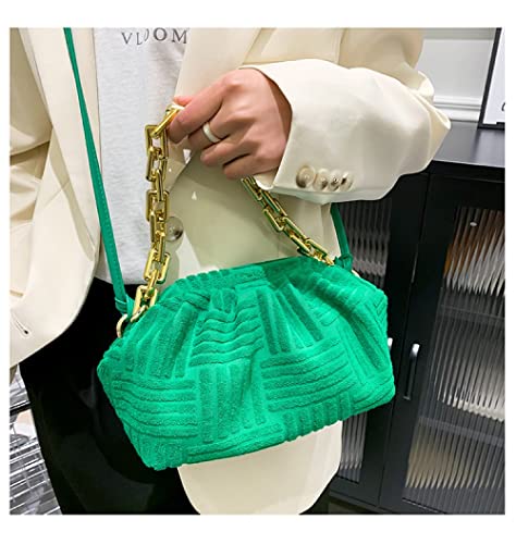 Soft Cotton Shoulder Bag for Women Metal Chain Clutch Hobo Evening Handbags Cross Body Color Green