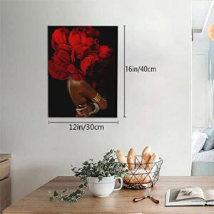 African American Wall Art, Women Empowering Art, Rose Women Wall Paintings Modern Artwork Stretched and Framed Poster For Bathroom Office Living Room Wall Decor, Floral Head Woman Print 12x16in