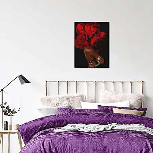 African American Wall Art, Women Empowering Art, Rose Women Wall Paintings Modern Artwork Stretched and Framed Poster For Bathroom Office Living Room Wall Decor, Floral Head Woman Print 12x16in