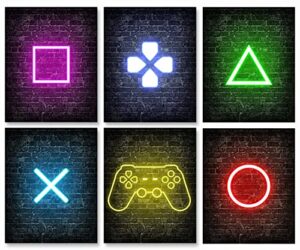 printed neon gaming posters set of 6 (8”x10”), boys room decorations for bedroom, game room decor, video game art gift, video game print, video game poster, no frames