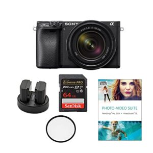 sony alpha a6400 24.2mp mirrorless digital camera with 18-135mm lens bundled with corel photo software, koah power kit, carrying case, 64gb sdxc card, and accessories (6 items)