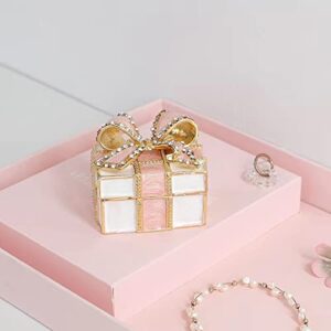 Mini Enamel Rhinestones Bow-knot Jewelry Box Bow-knot Hinged Trinket Box Bow Bling Trinket Box Miniature Figurine Ring Box for Women Girls Wedding Birthday Gift Christmas (Pink)