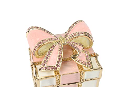 Mini Enamel Rhinestones Bow-knot Jewelry Box Bow-knot Hinged Trinket Box Bow Bling Trinket Box Miniature Figurine Ring Box for Women Girls Wedding Birthday Gift Christmas (Pink)