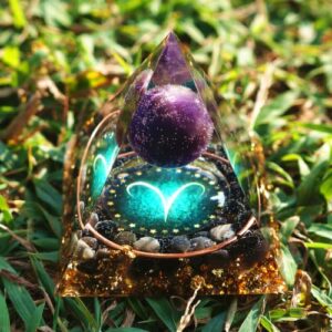 12 Zodiac Orgone Crystal Pyramid, Natural Amethyst with Obsidian,Healing Crystals Pyramid for Protection Chakra, Unique Constellation Pyramid for Positive Energy, Healing Money Health(Aries)