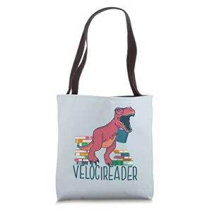 velocireader velociraptor fun dinosaur reader meme student tote bag