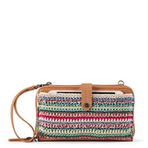 the sak iris large smartphone crossbody bag in hand-crochet & faux leather, detachable wristlet strap, eden stripe