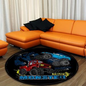 Kuizee Round Area Rug Mat Blue Monster Truck Boy Living Room Bedroom Bathroom Kitchen Home Decor Coral Velvet Non-Slip Round Carpet 36 Inch