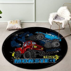 Kuizee Round Area Rug Mat Blue Monster Truck Boy Living Room Bedroom Bathroom Kitchen Home Decor Coral Velvet Non-Slip Round Carpet 36 Inch