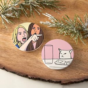 2 Car Coasters, 2.65" Absorbent Ceramic, Coaster Set, Keep Car Clean, Easy Removal Divot Notch, Artist Designed, Auto Accessory, Great Gift (Cat Meme Coaster)