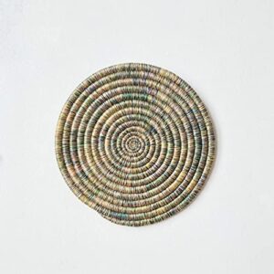 african woven trivet- bwisige/rwanda trivet/sisal & sweetgrass/blue, green, blush, golden yellow, tan