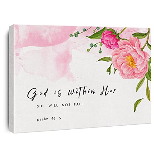 Bible Verse Canvas Print Decor God is Within Psalm 46:5 Wall Painting Flowers Posters Artwork Home Office Living Room Decoration 12”X15” (Framed)