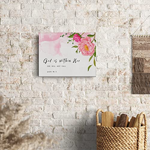 Bible Verse Canvas Print Decor God is Within Psalm 46:5 Wall Painting Flowers Posters Artwork Home Office Living Room Decoration 12”X15” (Framed)