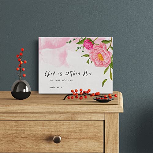 Bible Verse Canvas Print Decor God is Within Psalm 46:5 Wall Painting Flowers Posters Artwork Home Office Living Room Decoration 12”X15” (Framed)