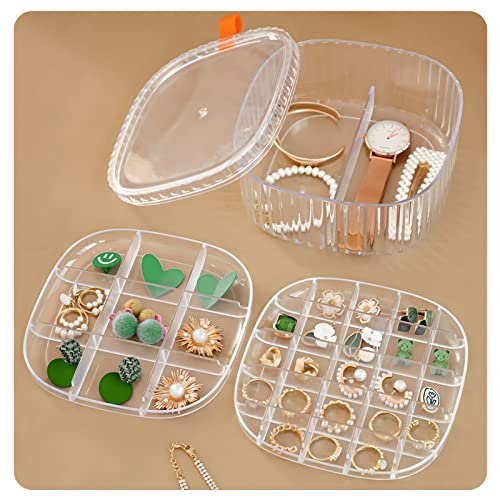 Unaone Jewelry Organizer Box, Acrylic Earring Organizer Jewelry Box with Compartment Tray, Clear Display Storage Box for Rings Bracelet Necklaces, 3 Layer Travel Jewelry Case Gift for Women Girls