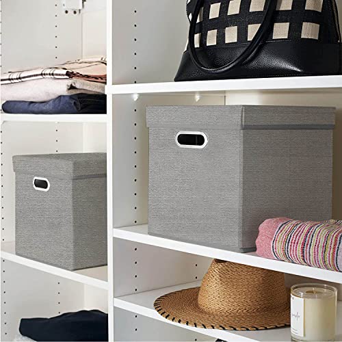 Collapsible Storage Bins With Lids, Linen Fabric Foldable Storage Boxes Closet Organizer Containers With Cover For Home, Office, Bedroom Nursery [2-Pack] (Gray, Metal Handle)