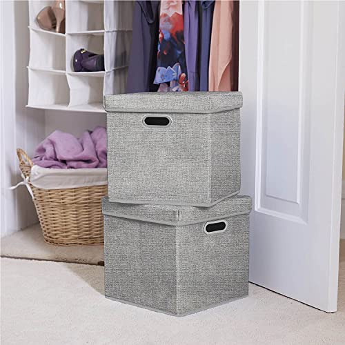 Collapsible Storage Bins With Lids, Linen Fabric Foldable Storage Boxes Closet Organizer Containers With Cover For Home, Office, Bedroom Nursery [2-Pack] (Gray, Metal Handle)