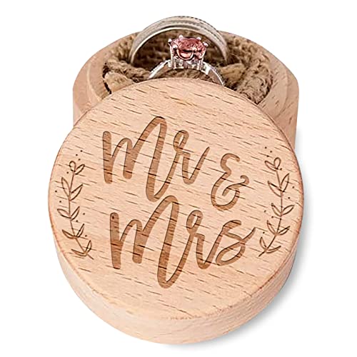 Mr and Mrs Engraved Rustic Vintage Wood Engagement Jewelry Storage Ring Box, Wooden Ring Holder for Girlfriend Wife fiancee Couple Lover Wedding Anniversary Ceremony Valentines Day Gift