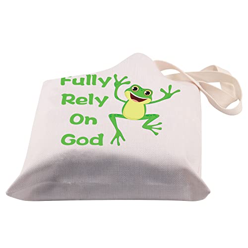 BDPWSS Frog Canvas Tote Bag Frog Lover Gift Crazy Frog Lady Gift Fully Rely On God Frog Christian Bag (Rely Frog TG)