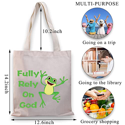 BDPWSS Frog Canvas Tote Bag Frog Lover Gift Crazy Frog Lady Gift Fully Rely On God Frog Christian Bag (Rely Frog TG)