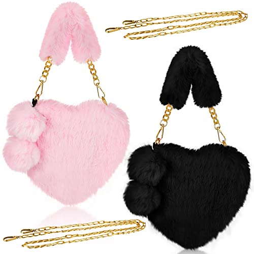 Saintrygo 2 Pieces Valentine's Day Heart Shaped Purse Faux Fur Shoulder Bag Soft Fluffy Handbags for Women Girls Valentines Day Cute Present with Chain