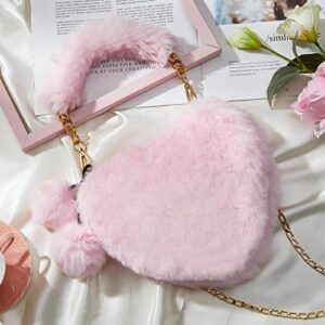 Saintrygo 2 Pieces Valentine's Day Heart Shaped Purse Faux Fur Shoulder Bag Soft Fluffy Handbags for Women Girls Valentines Day Cute Present with Chain