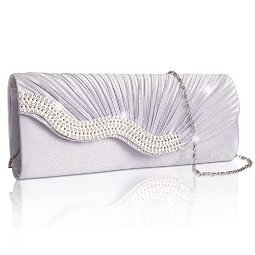 Larcenciel Clutch Purses for Women, Satin Pleated Evening Bag with Detachable Chain, Formal Glossy Envelope Clutch Handbag Shoulder Cross body Bag Bridal Clutch Wedding Clutch Prom Party Purse(Sliver)