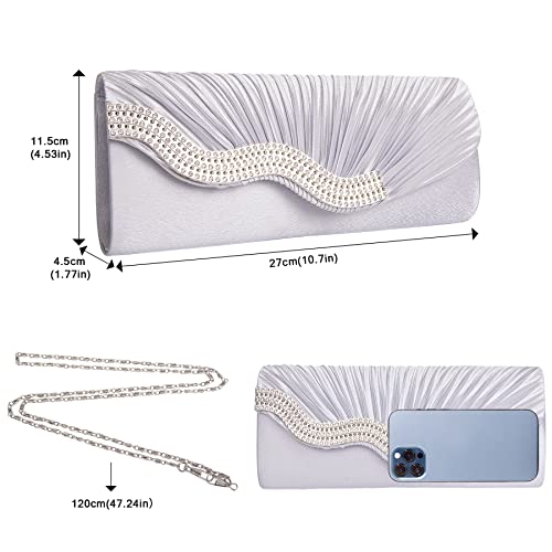 Larcenciel Clutch Purses for Women, Satin Pleated Evening Bag with Detachable Chain, Formal Glossy Envelope Clutch Handbag Shoulder Cross body Bag Bridal Clutch Wedding Clutch Prom Party Purse(Sliver)