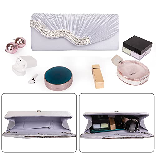 Larcenciel Clutch Purses for Women, Satin Pleated Evening Bag with Detachable Chain, Formal Glossy Envelope Clutch Handbag Shoulder Cross body Bag Bridal Clutch Wedding Clutch Prom Party Purse(Sliver)