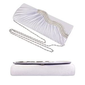 Larcenciel Clutch Purses for Women, Satin Pleated Evening Bag with Detachable Chain, Formal Glossy Envelope Clutch Handbag Shoulder Cross body Bag Bridal Clutch Wedding Clutch Prom Party Purse(Sliver)