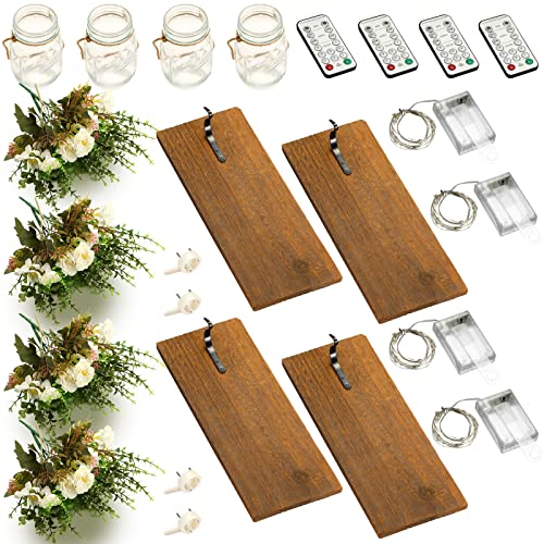 Treela 4 Packs Mason Jar Sconces Wall Decor Rustic Wall Sconces with Remote Control LED Fairy Lights and White Peony Handmade Hanging Mason Jars for Farmhouse Kitchen Living Room Decorations