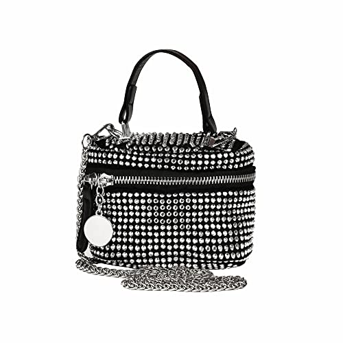 Eiyye Rhinestones Small Purse with Chain, Crossbody Handbag Mini Bucket Bag, Black Clutch Purse Rhinestones Tote Bag with Top Handle